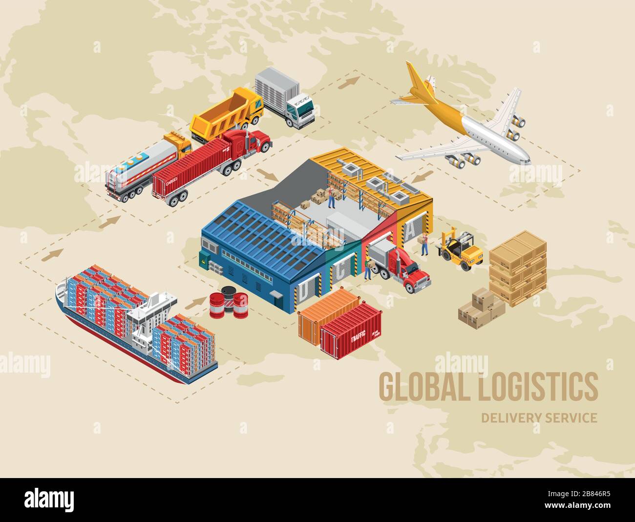Various freight vessels and vehicles located around warehouse on ...