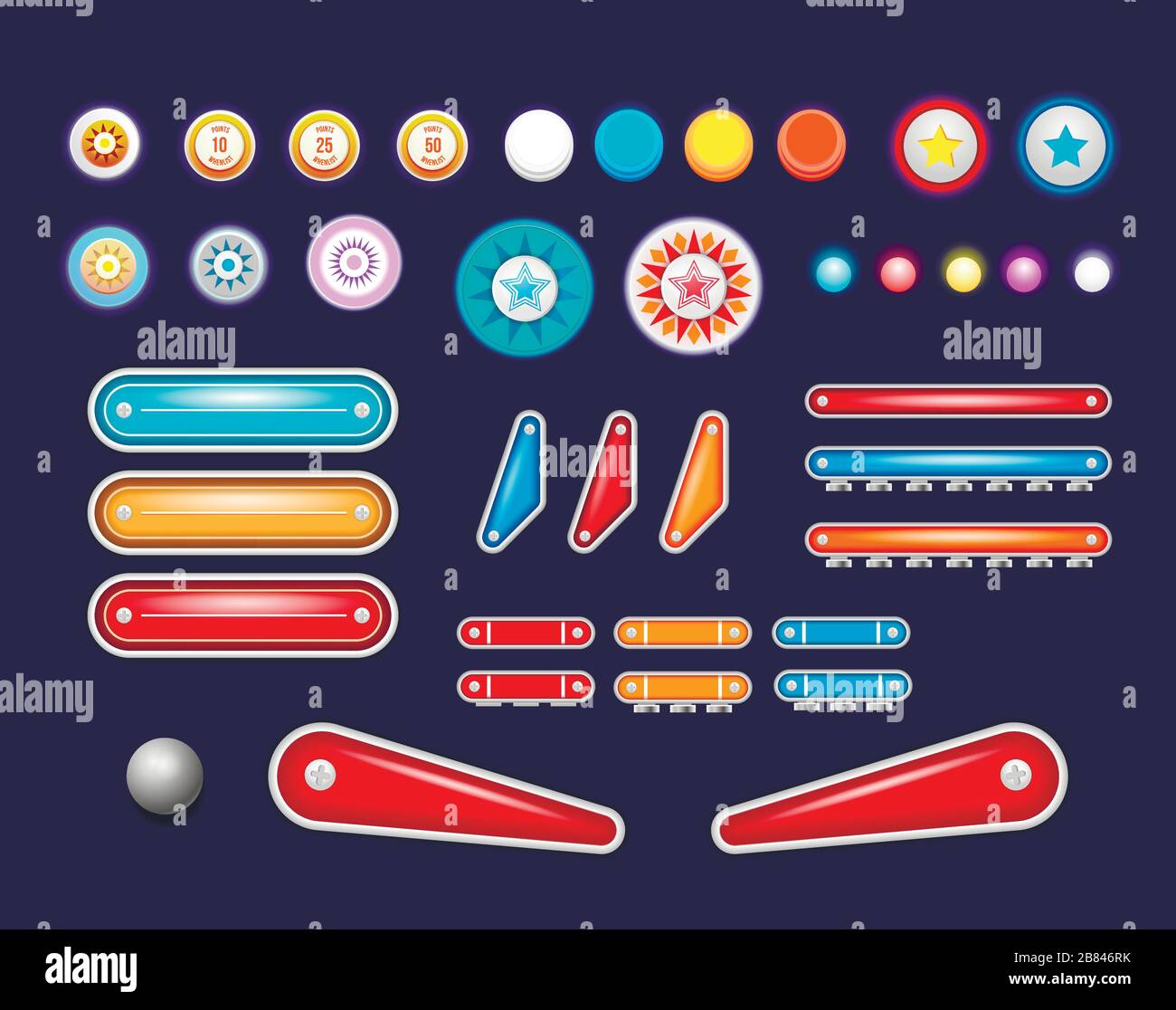 Isolated pinball elements icon set with different set of buttons and ...