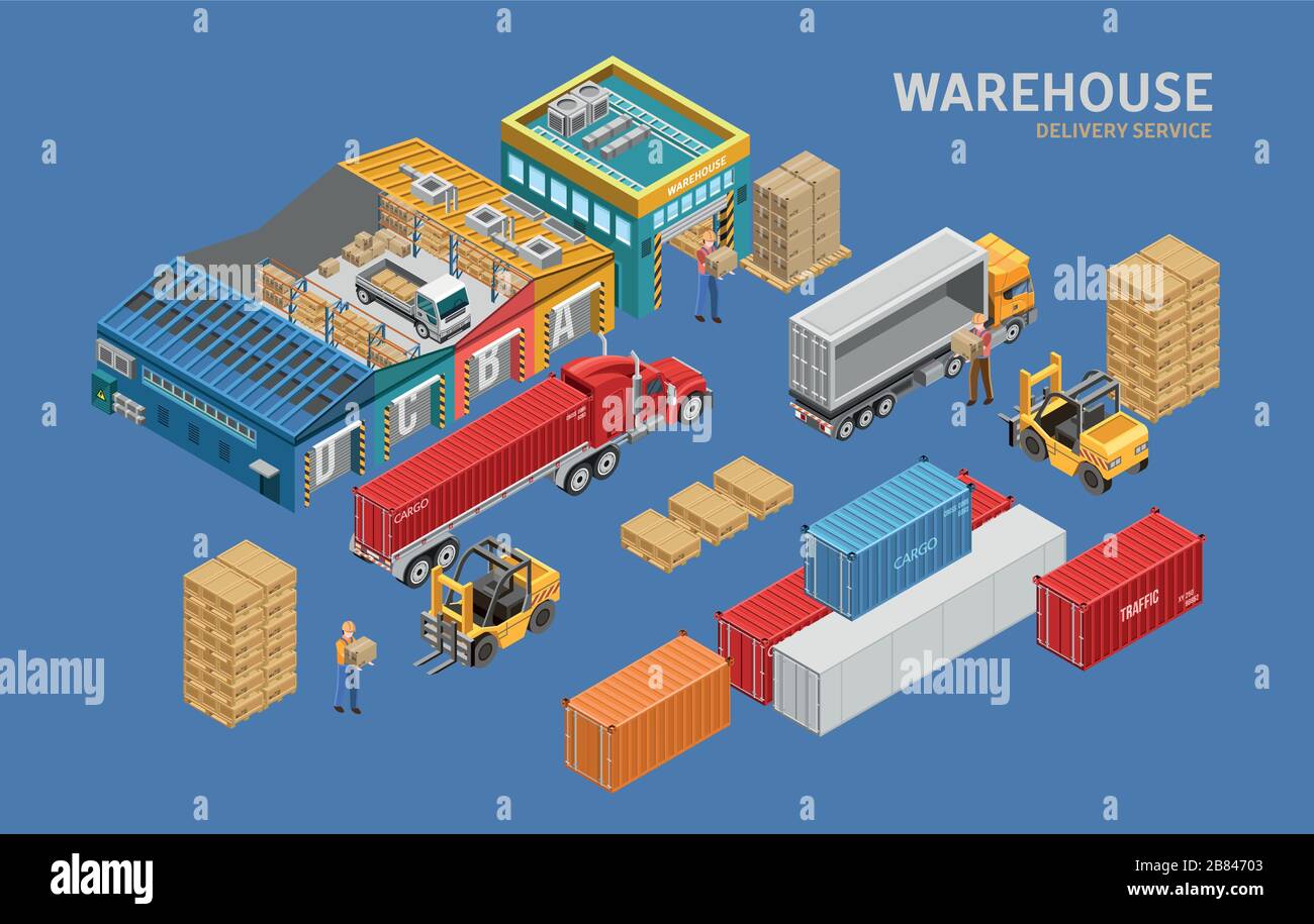 Isometric vector illustration of workers loading trucks amidst cargo ...