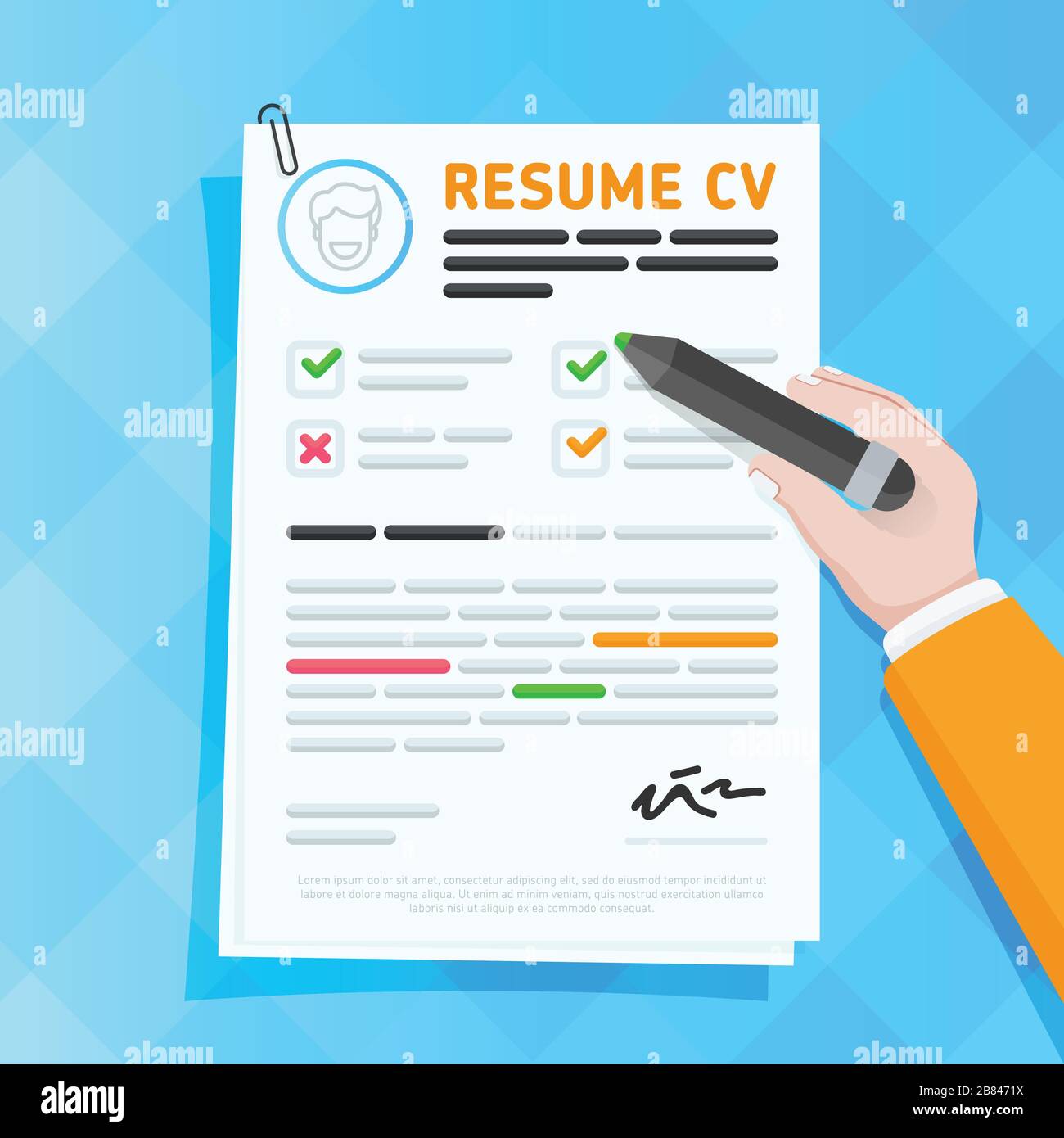 Vector illustration of hand using pencil to fill curriculum vitae form ...