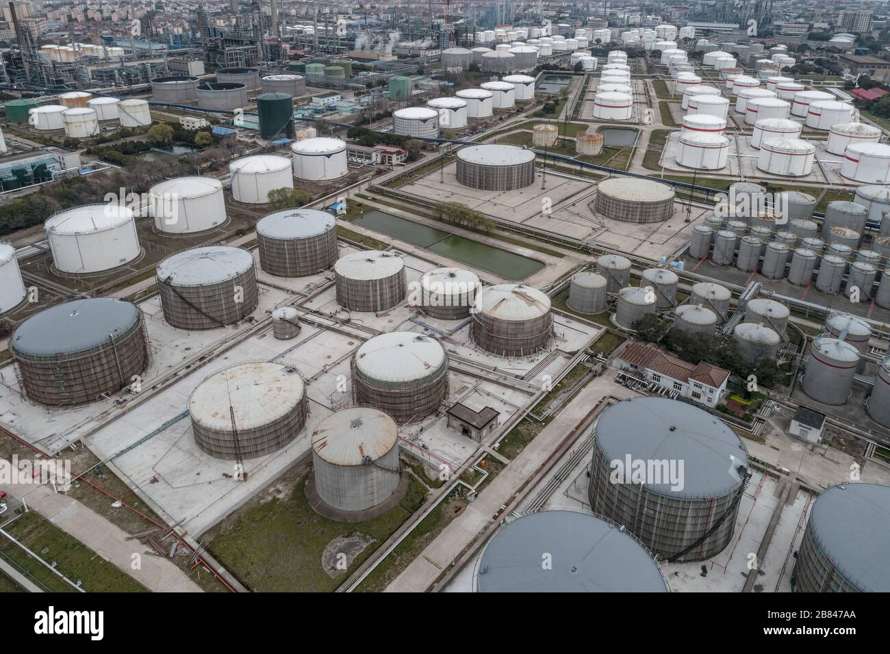 Aerial view of the pipelines and storage tanks Stock Photo - Alamy
