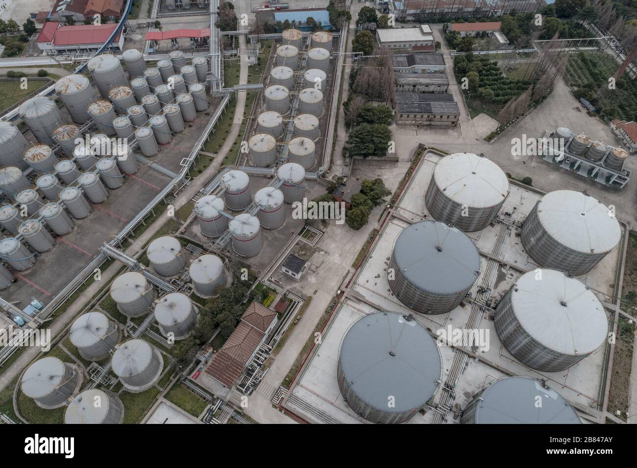 Aerial view of the pipelines and storage tanks Stock Photo - Alamy