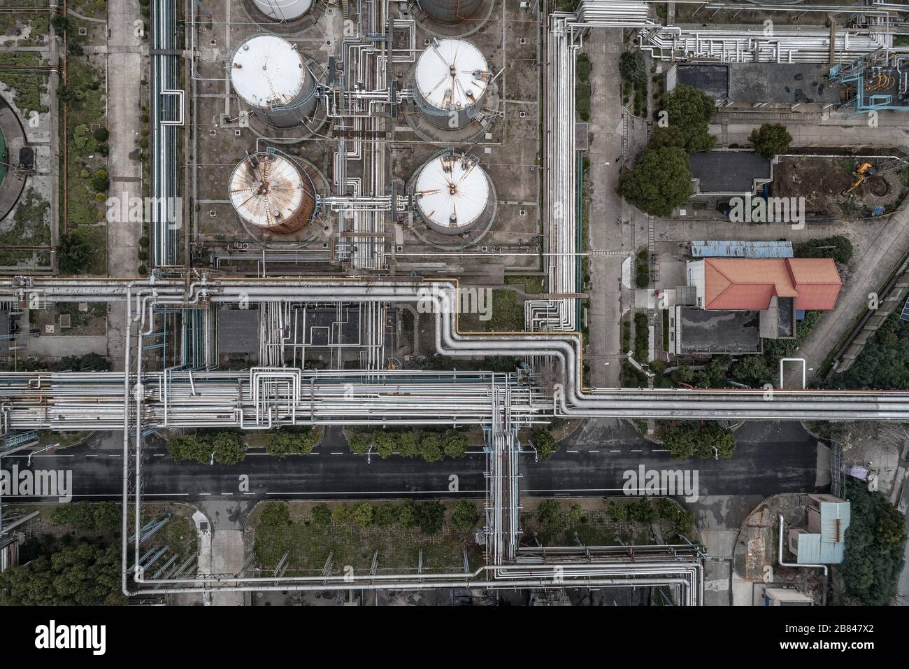 Aerial view of the pipelines and storage tanks Stock Photo - Alamy