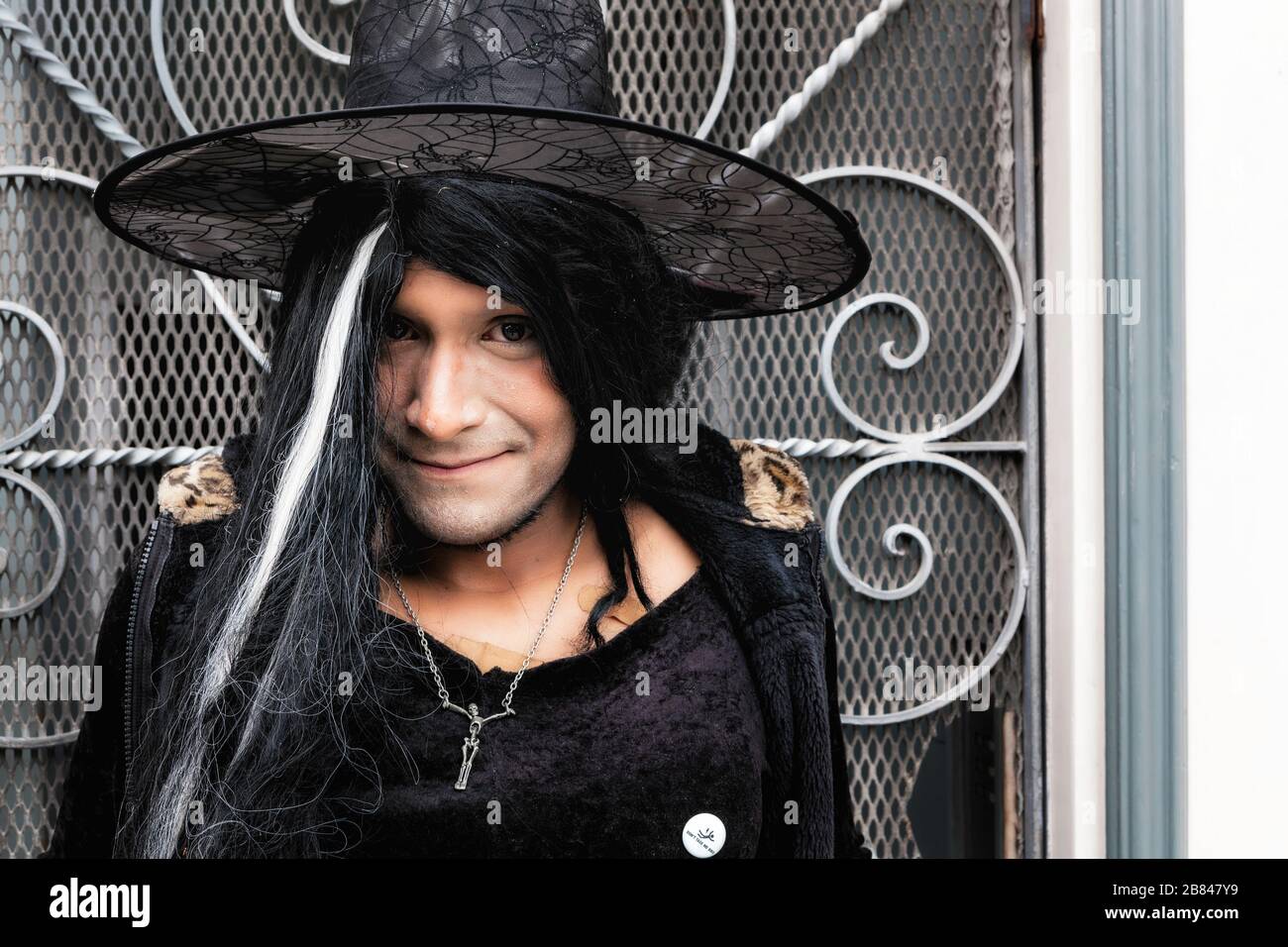 Man dressed in witch costume on Ashbury Street, Haight-Ashbury district ...