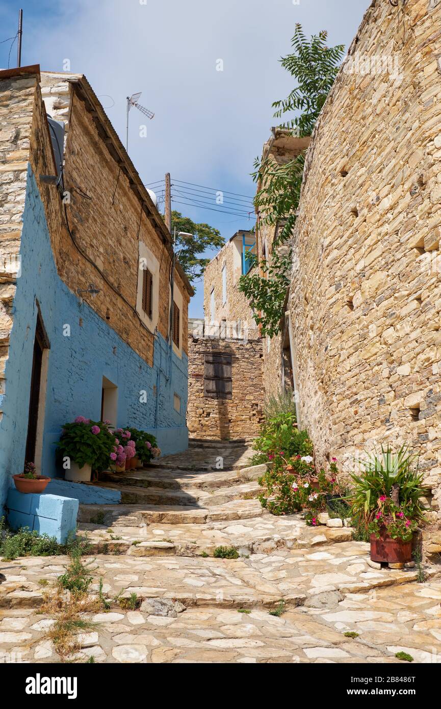 The view of traditional white ladder paved street of Pano Lefkara ...