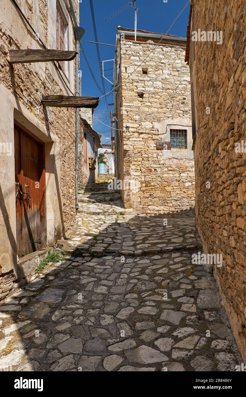 The view of traditional white ladder paved street of Pano Lefkara ...