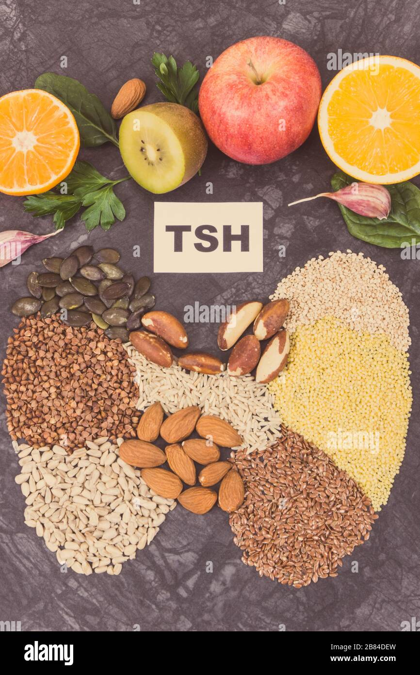 Nutritious natural ingredients in shape of thyroid. Healthy food as ...