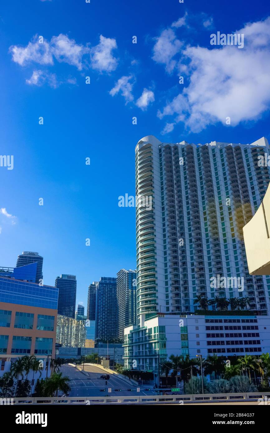 Downtown Miami cityscape view with condos and office buildings against ...