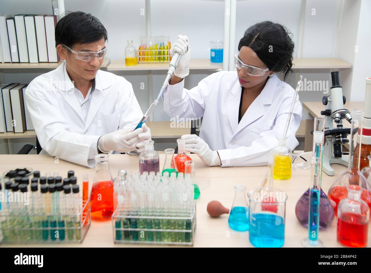Two scientists are working in laboratory. Young female researcher and ...