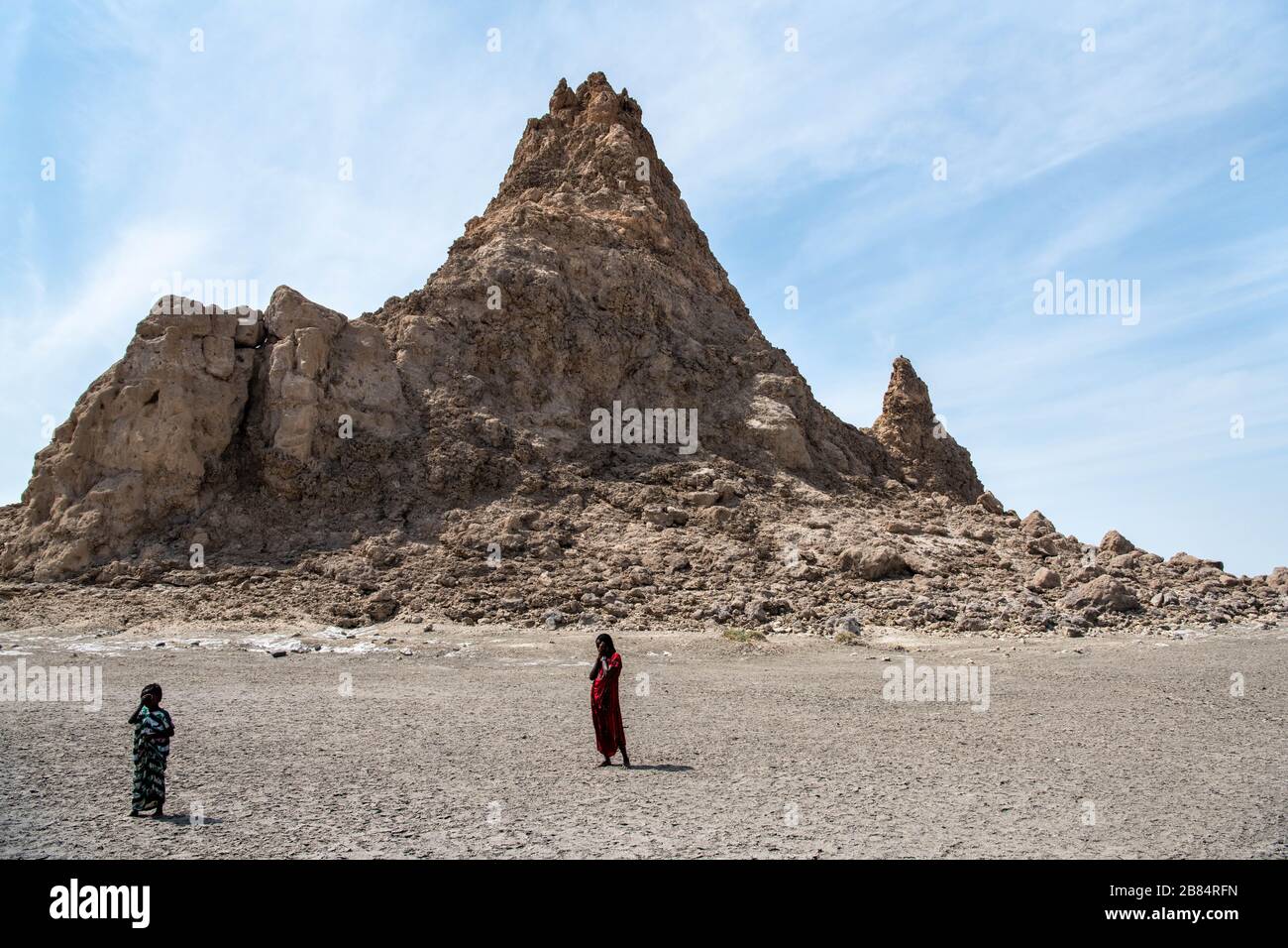Africa, Djibouti, Lake Abbe. Landscape view of lake Abbe Two children ...