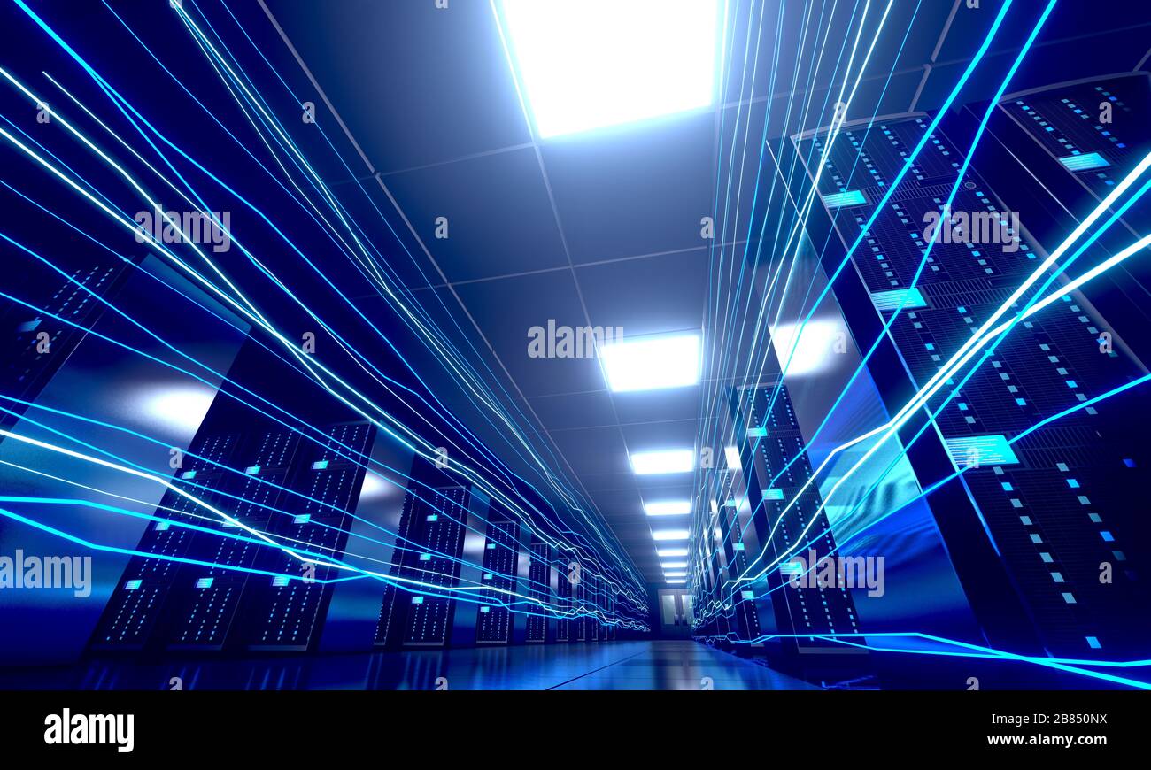 3D server room/ data center - storage, hosting, fast Internet concept ...