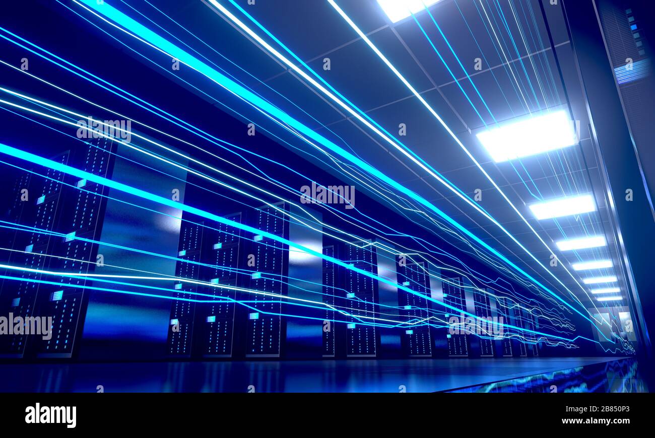 3D server room/ data center - storage, hosting, fast Internet concept ...
