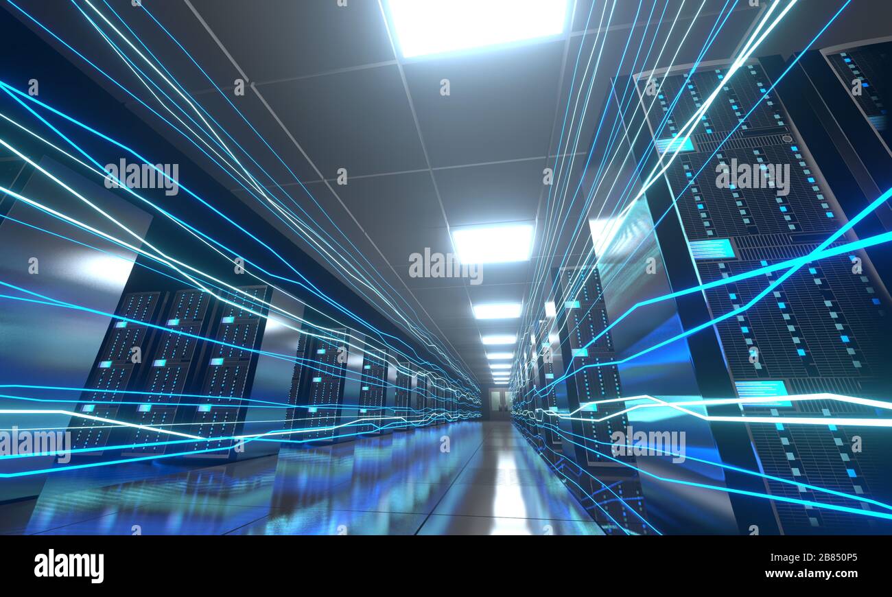 3D server room/ data center - storage, hosting, fast Internet concept ...