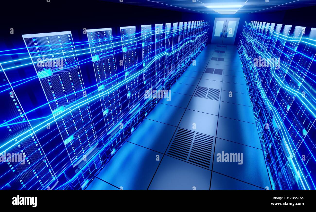3D server room/ data center - storage, hosting, fast Internet concept ...