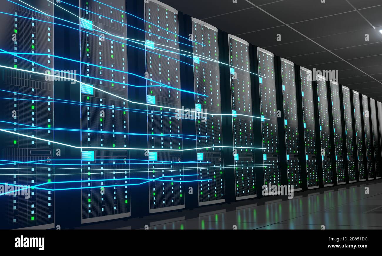 3D server room/ data center - storage, hosting, fast Internet concept ...