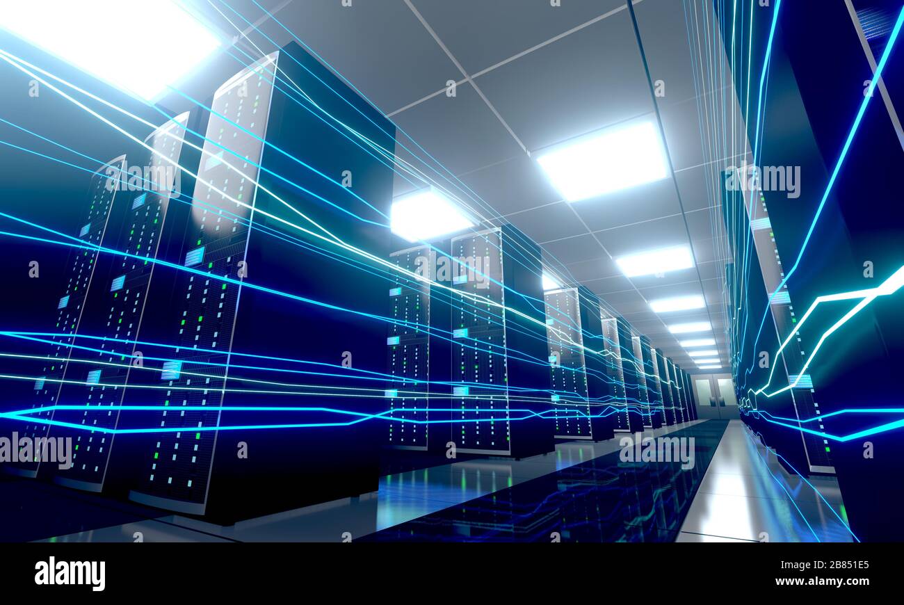 3D server room/ data center - storage, hosting, fast Internet concept ...