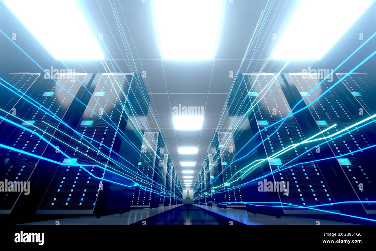 3D server room/ data center - storage, hosting, fast Internet concept ...