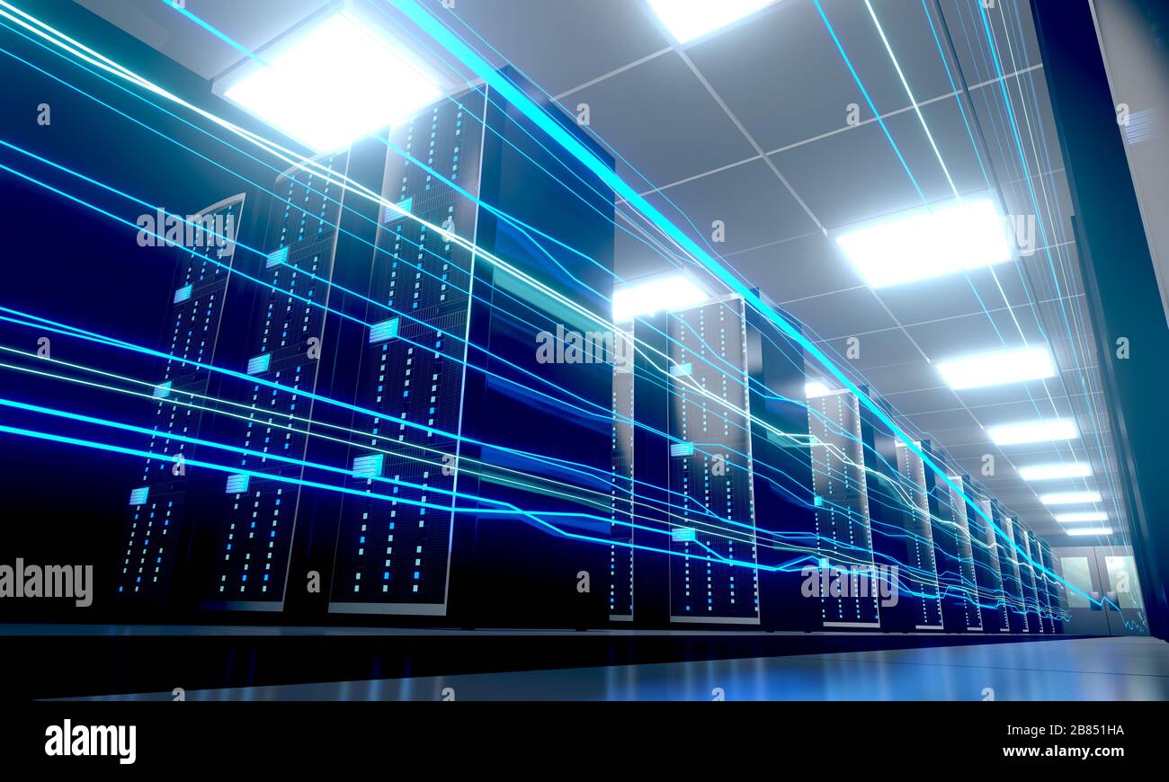 3D server room/ data center - storage, hosting, fast Internet concept ...