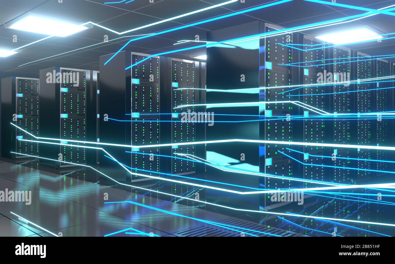 3D server room/ data center - storage, hosting, fast Internet concept ...