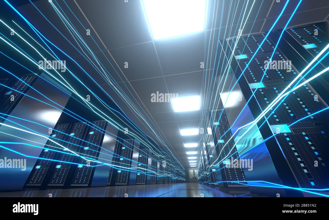 3D server room/ data center - storage, hosting, fast Internet concept ...