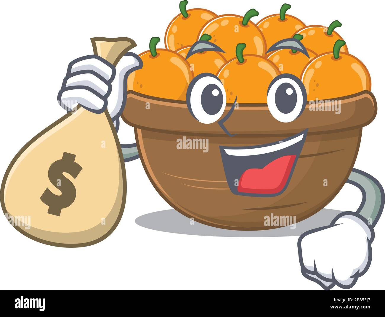 Smiley rich orange fruit basket cartoon character bring money bags ...