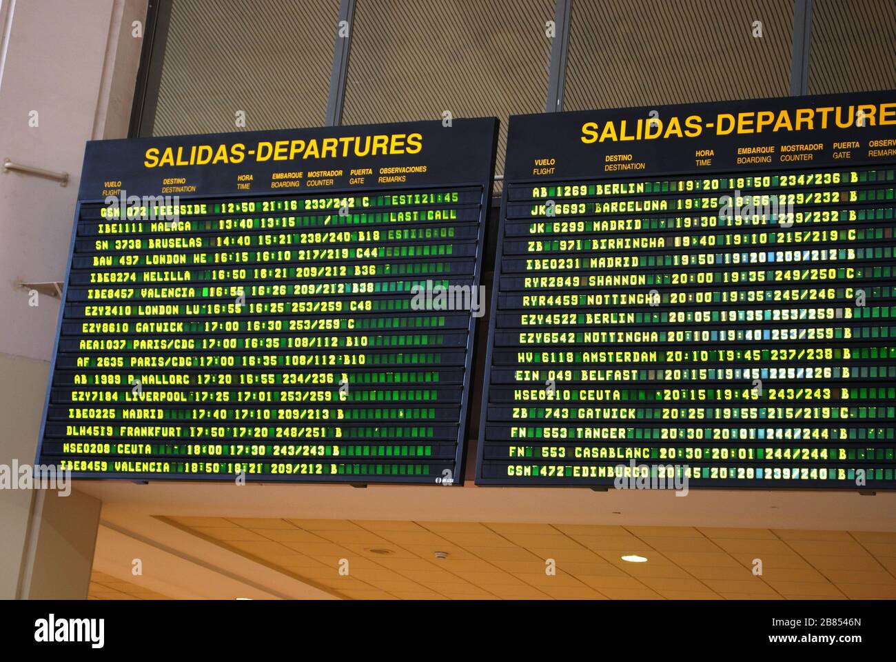 Airport departures board inside terminal 2, Malaga airport, Malaga ...