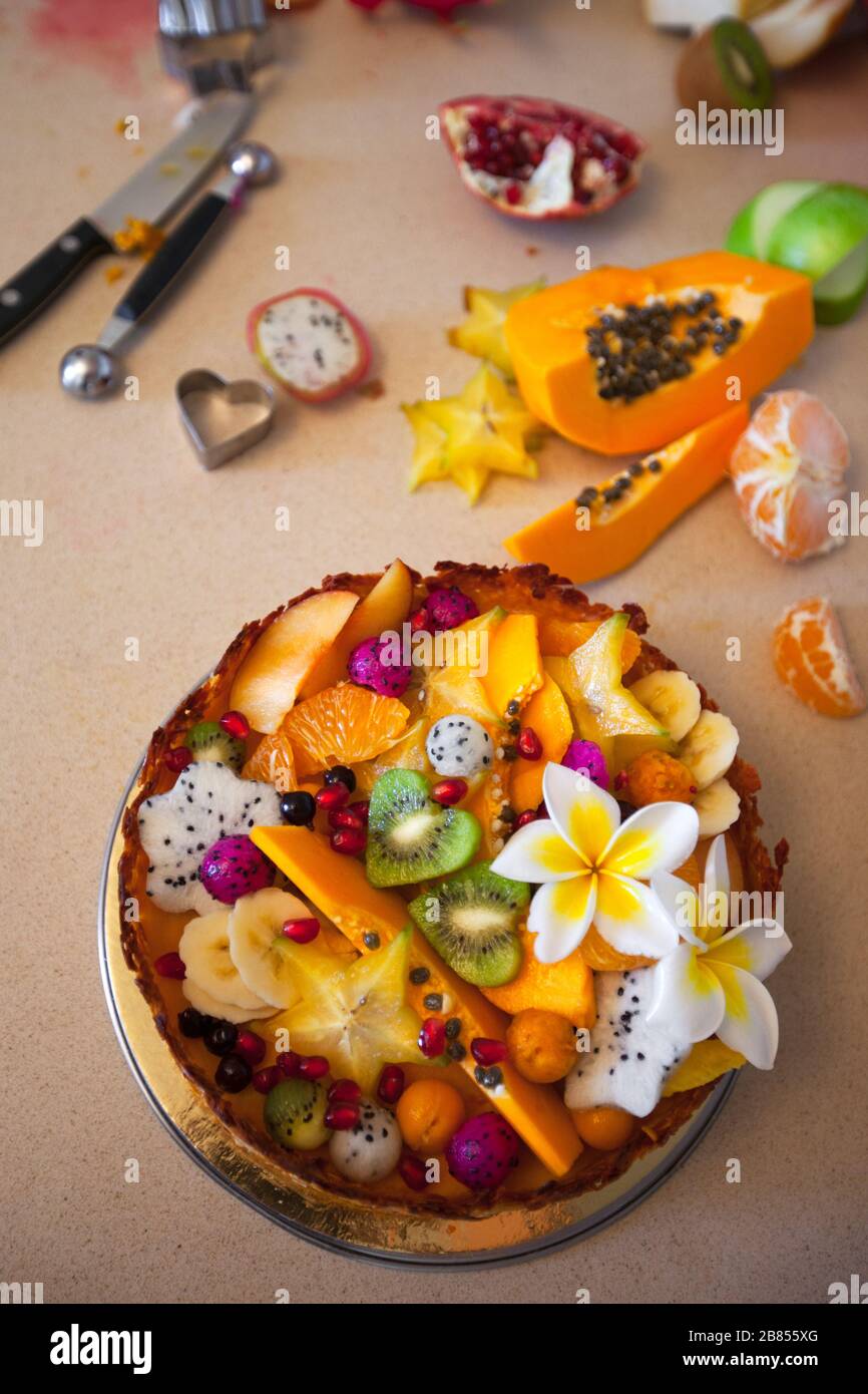 Process of cooking cake with fresh fruits Stock Photo - Alamy
