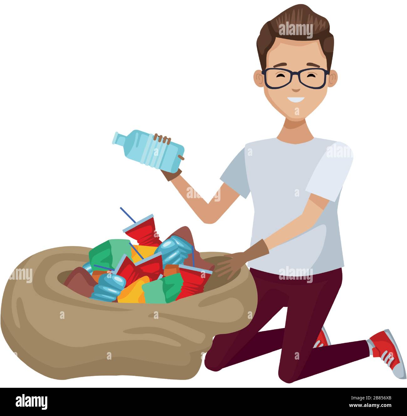 environmentalist man recycling bottle in sack character Stock Vector ...