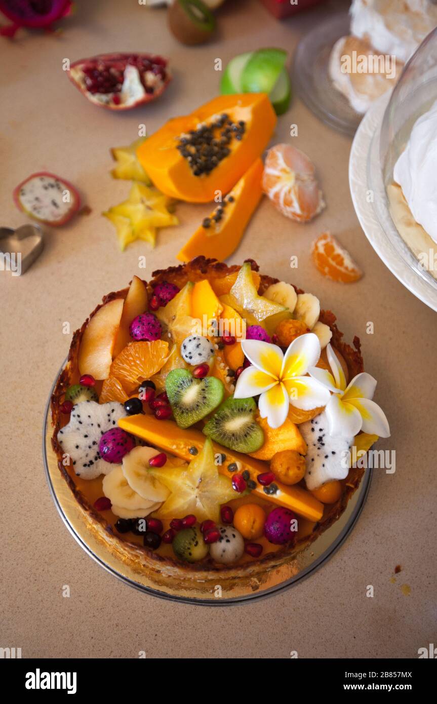 Process of cooking cake with fresh fruits Stock Photo - Alamy