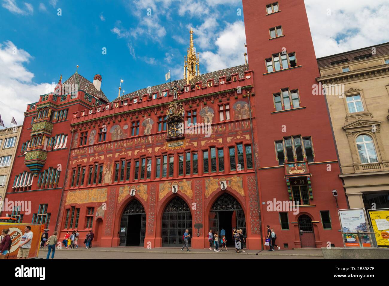 Nice view of the Basel Town Hall dominating the Marktplatz with its red ...