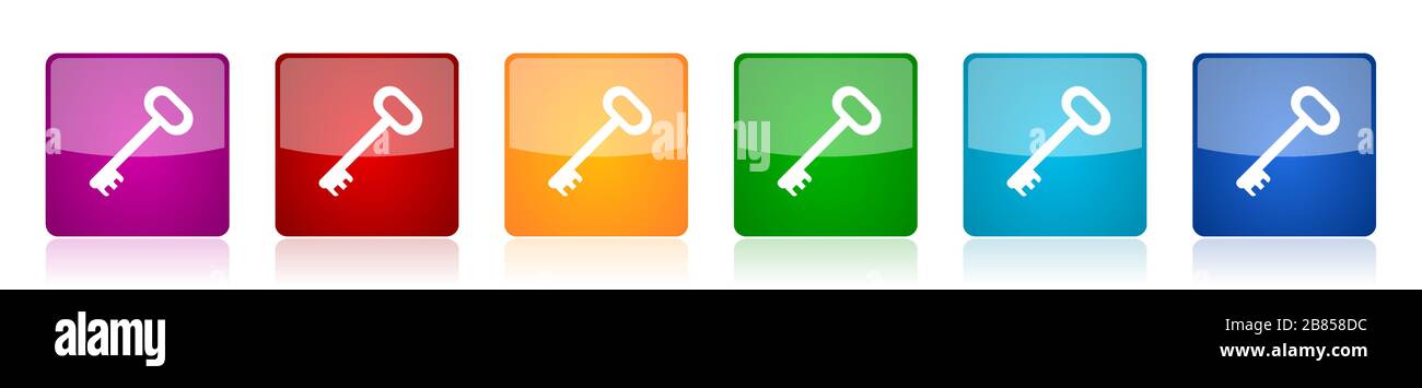 Key icon set, colorful square glossy vector illustrations in 6 options ...