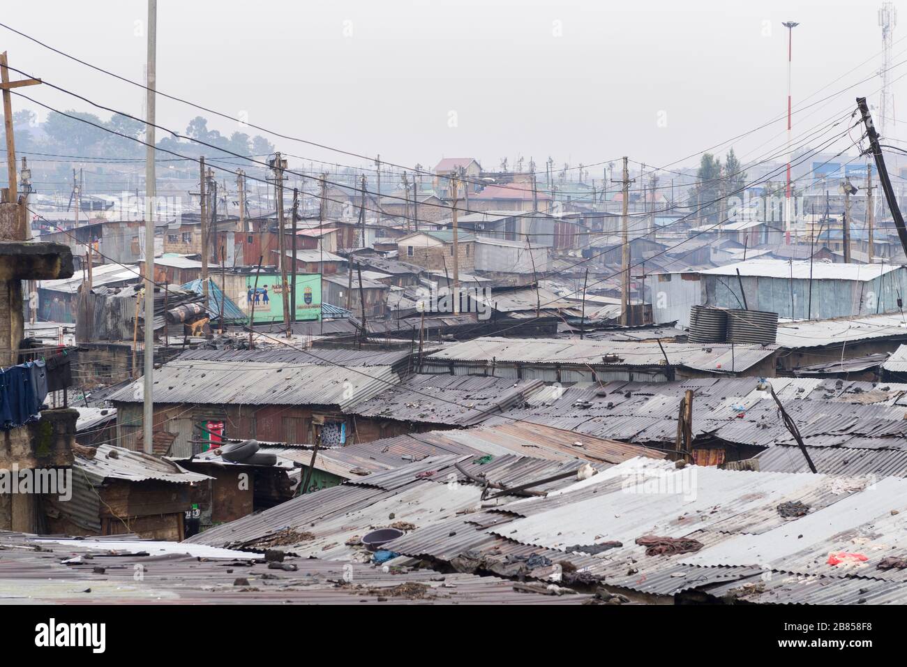 A view across corrugated iron rooftops of Mathare, Nairobi, Kenya ...