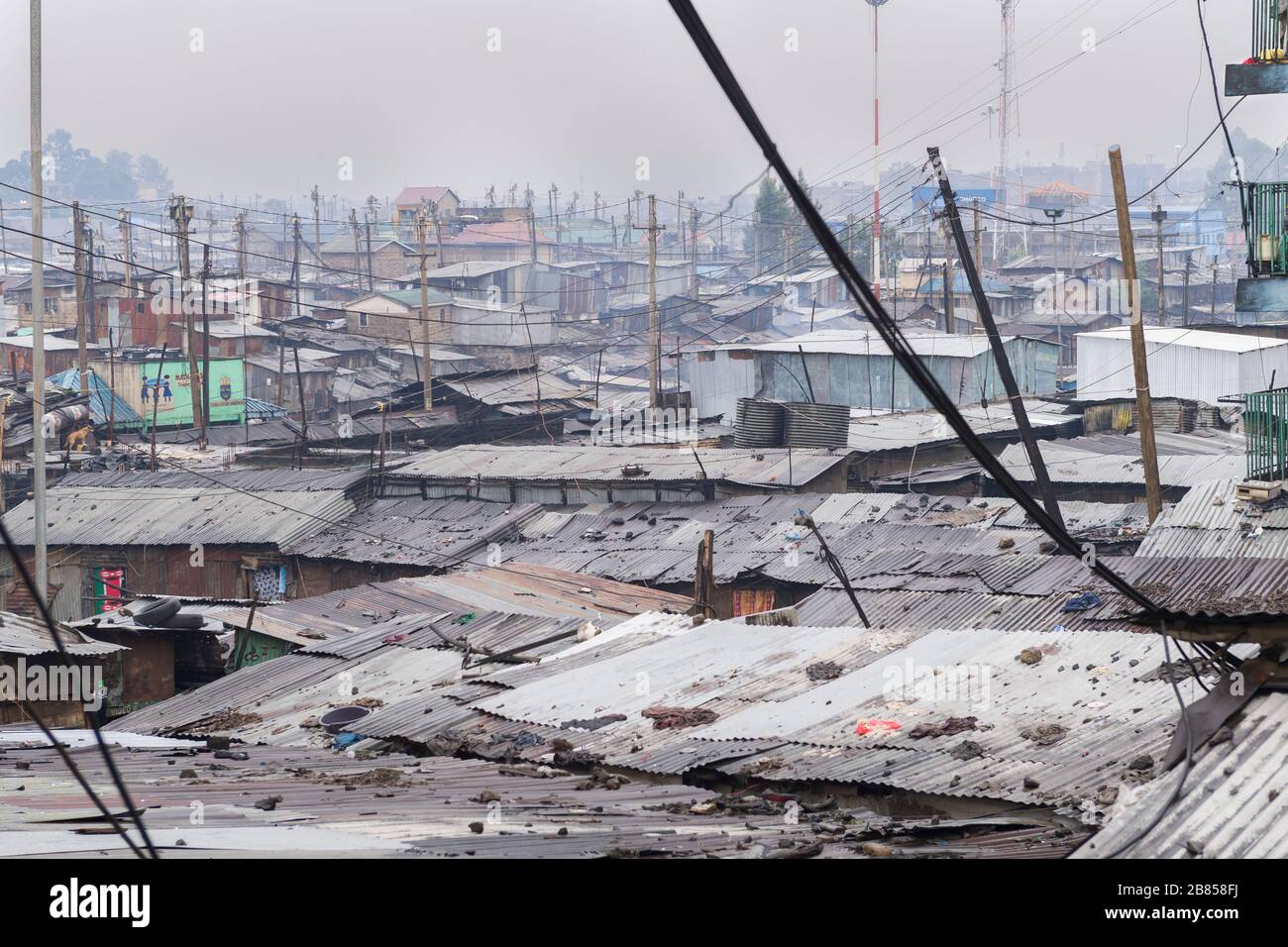 A view across corrugated iron rooftops of Mathare, Nairobi, Kenya ...