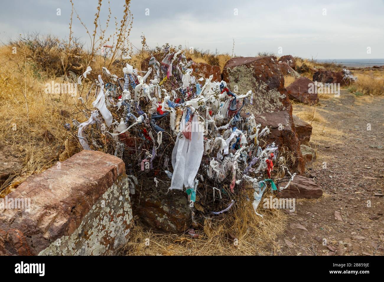 Akyrtas Palace Complex, Rags on the branches of a bush near a large ...