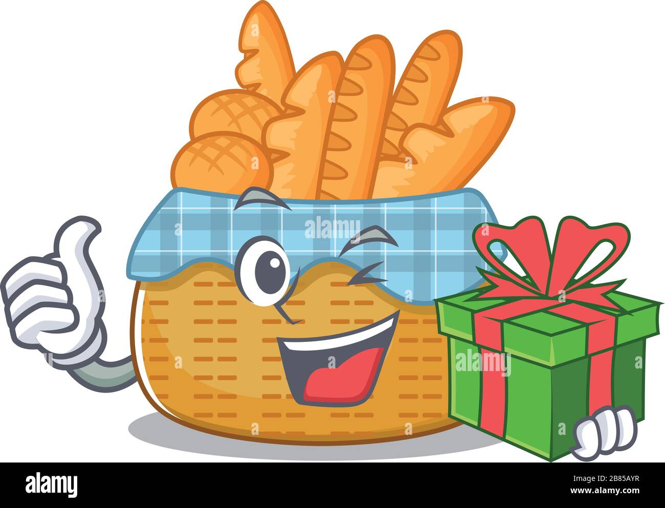 Smiley bread basket cartoon character having a gift box Stock Vector ...