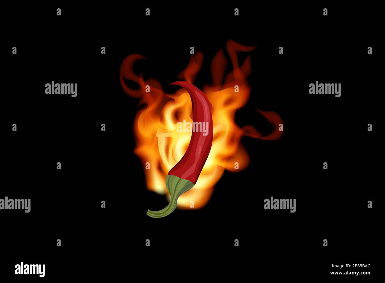 Red hot chili pepper in fire on black background. Vector illustration ...