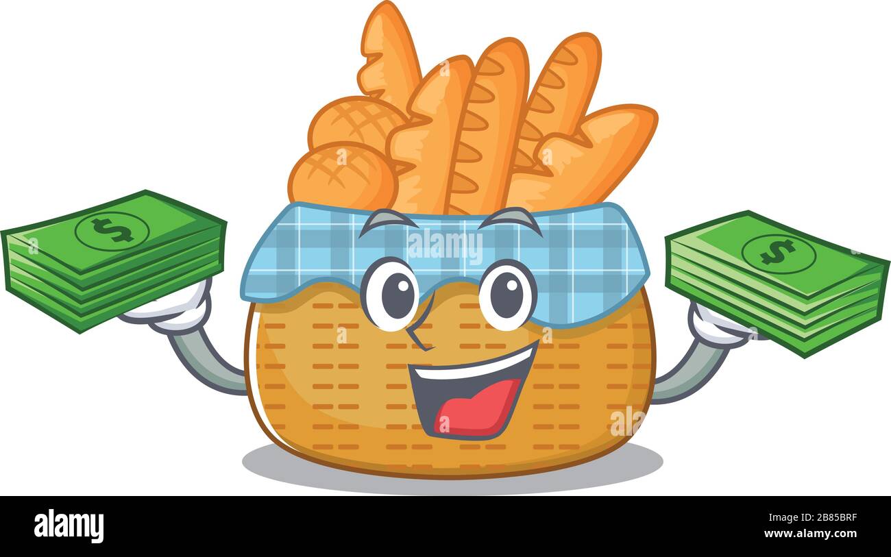 happy face bread basket character having money on hands Stock Vector ...