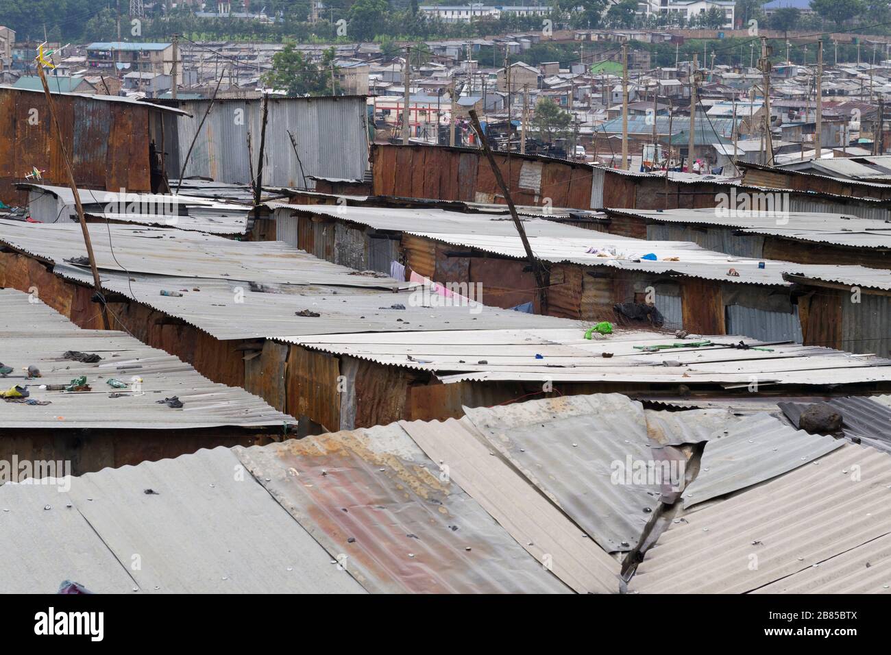 A view across corrugated iron rooftops of Mathare, Nairobi, Kenya ...
