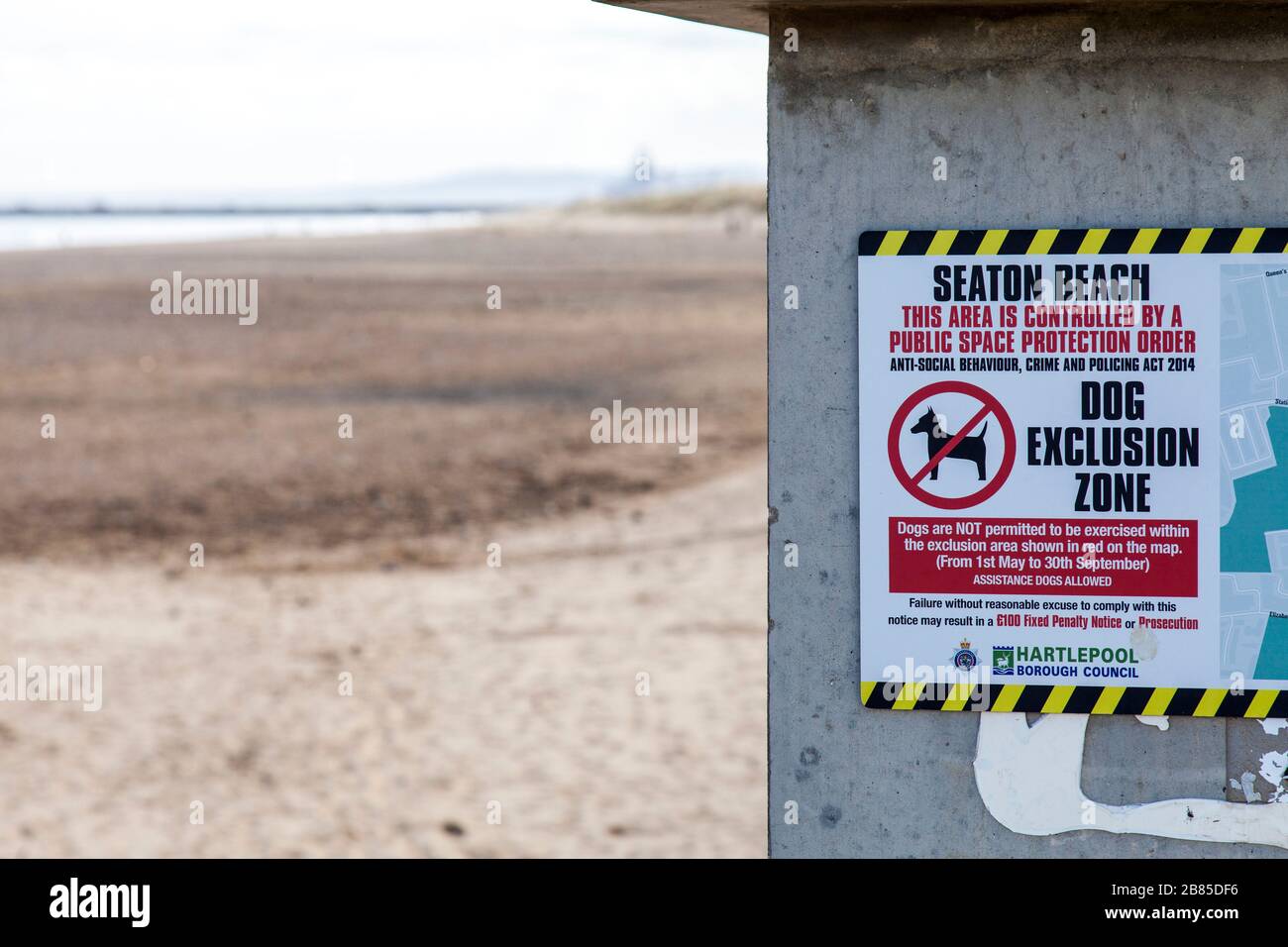Dog Exclusion Zone posters at the seafront at Seaton Carew, Hartlepool ...
