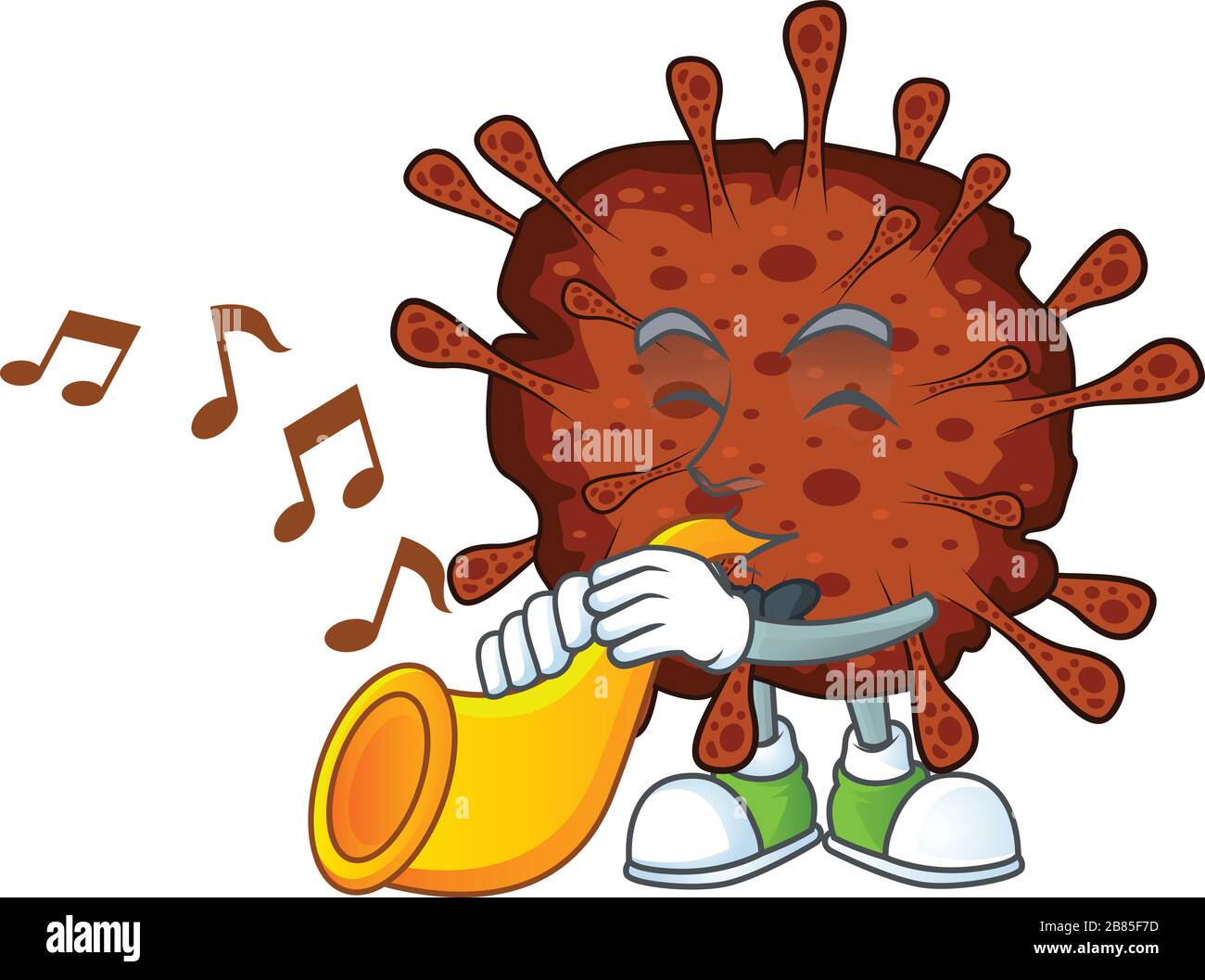 Infection coronavirus cartoon character playing music with a trumpet ...
