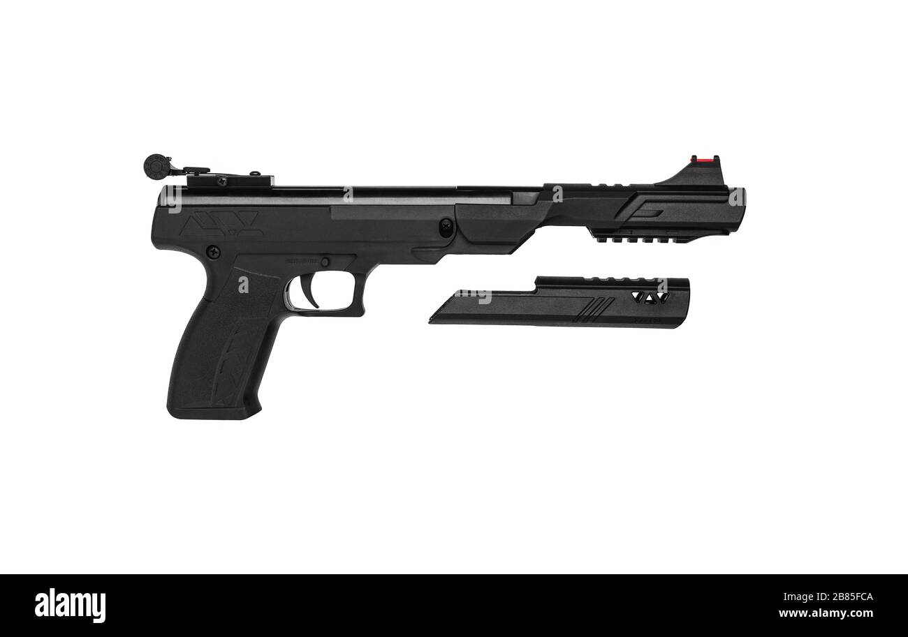 Modern air gun isolate on a white background. A futuristic-looking ...