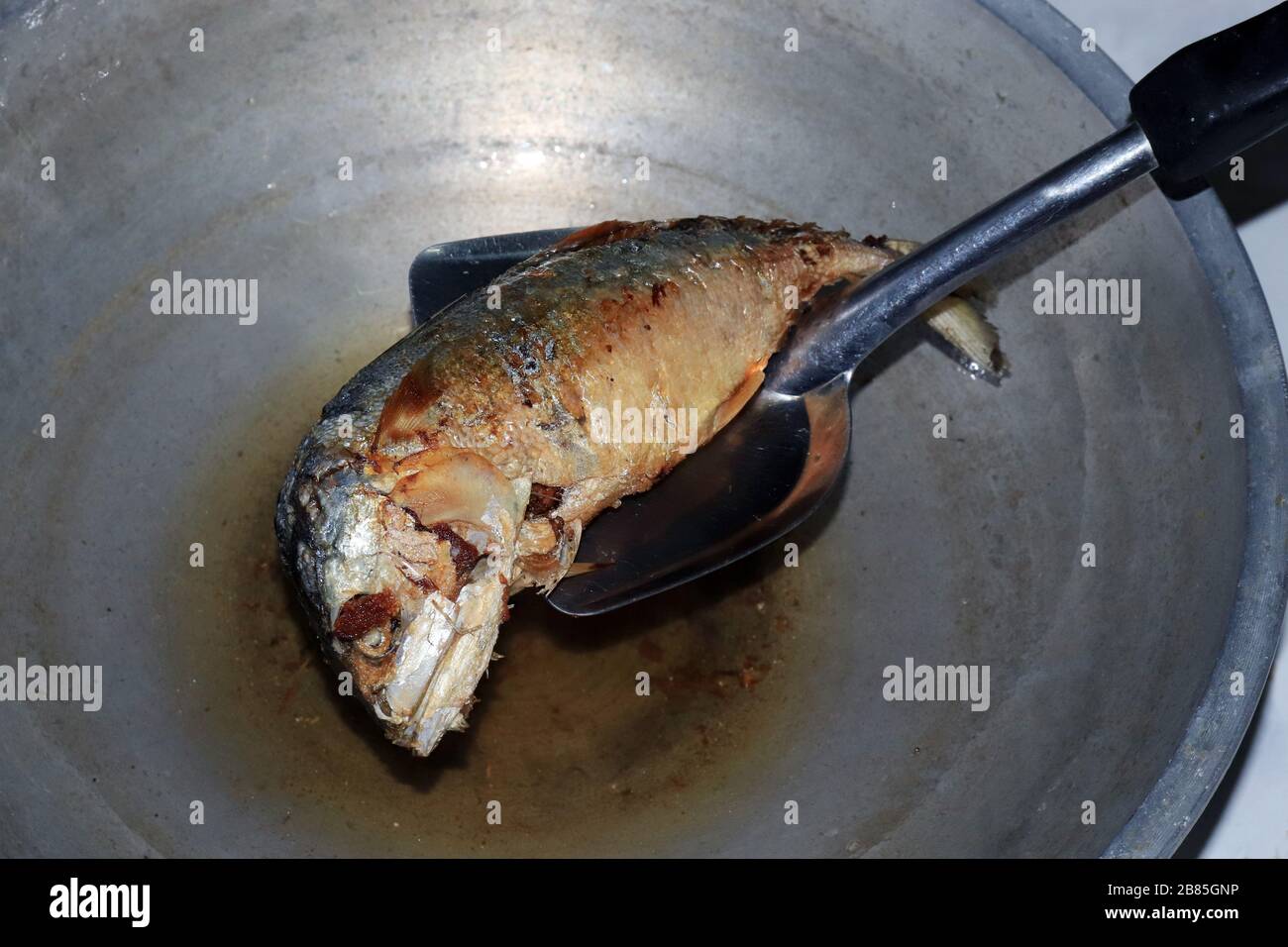 Fried Mackerel fish in a pan with hot boiling oil, Salted Mackerel fish ...