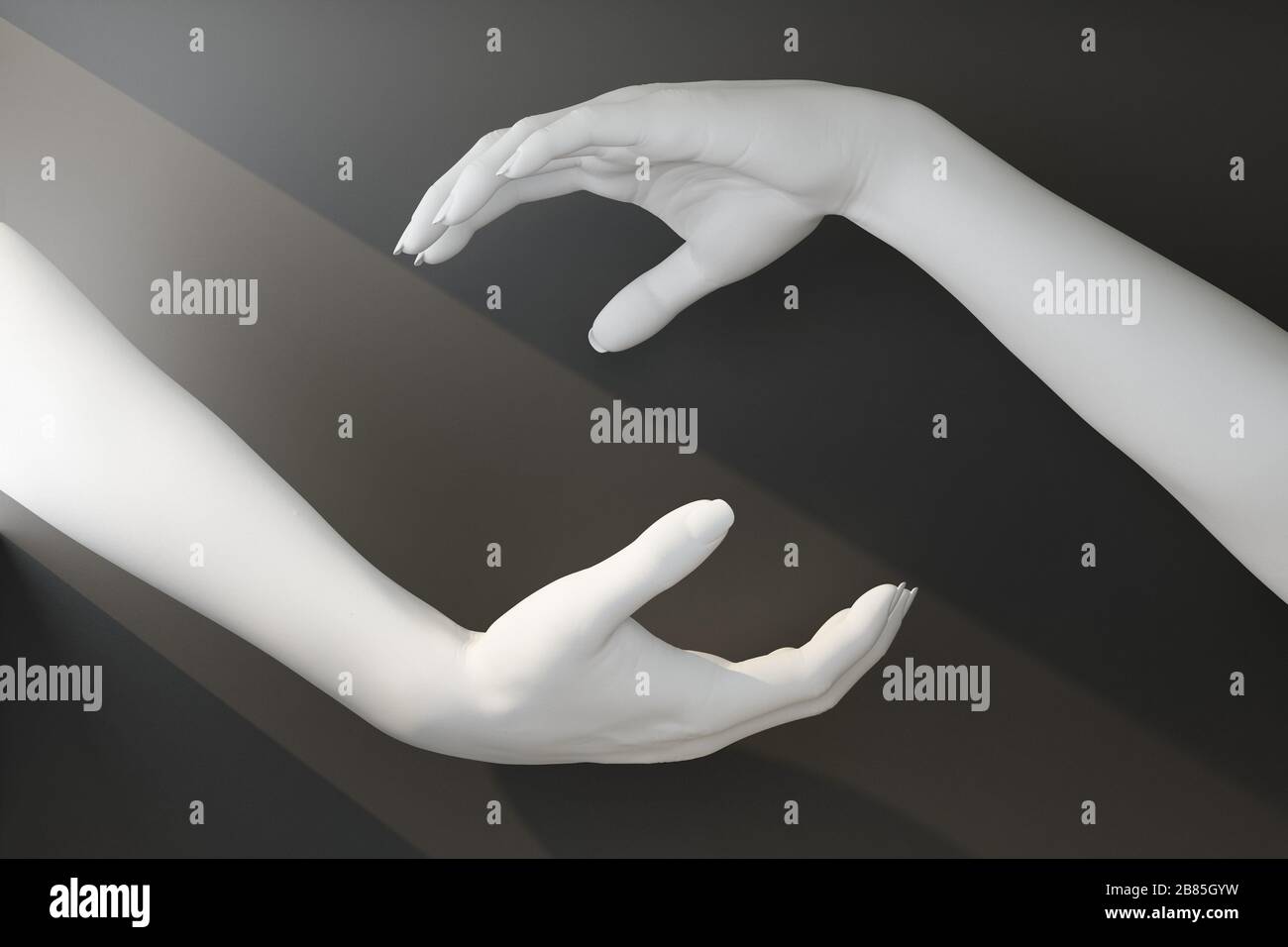 gesture with two white hands holding an invisible. 3d rendering Stock ...