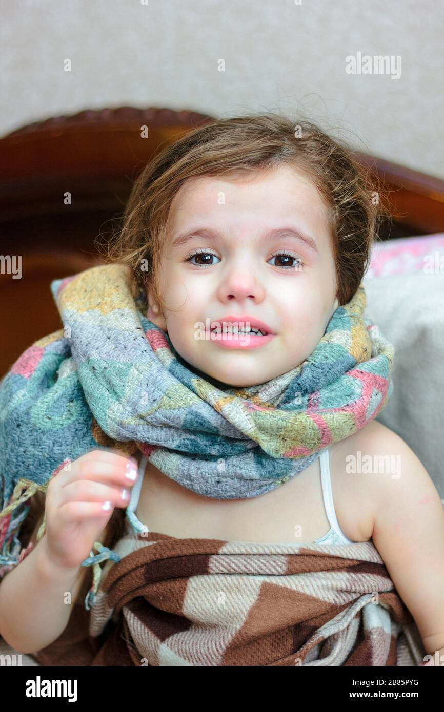 Little kid girl with cold sickness in a bed Stock Photo - Alamy