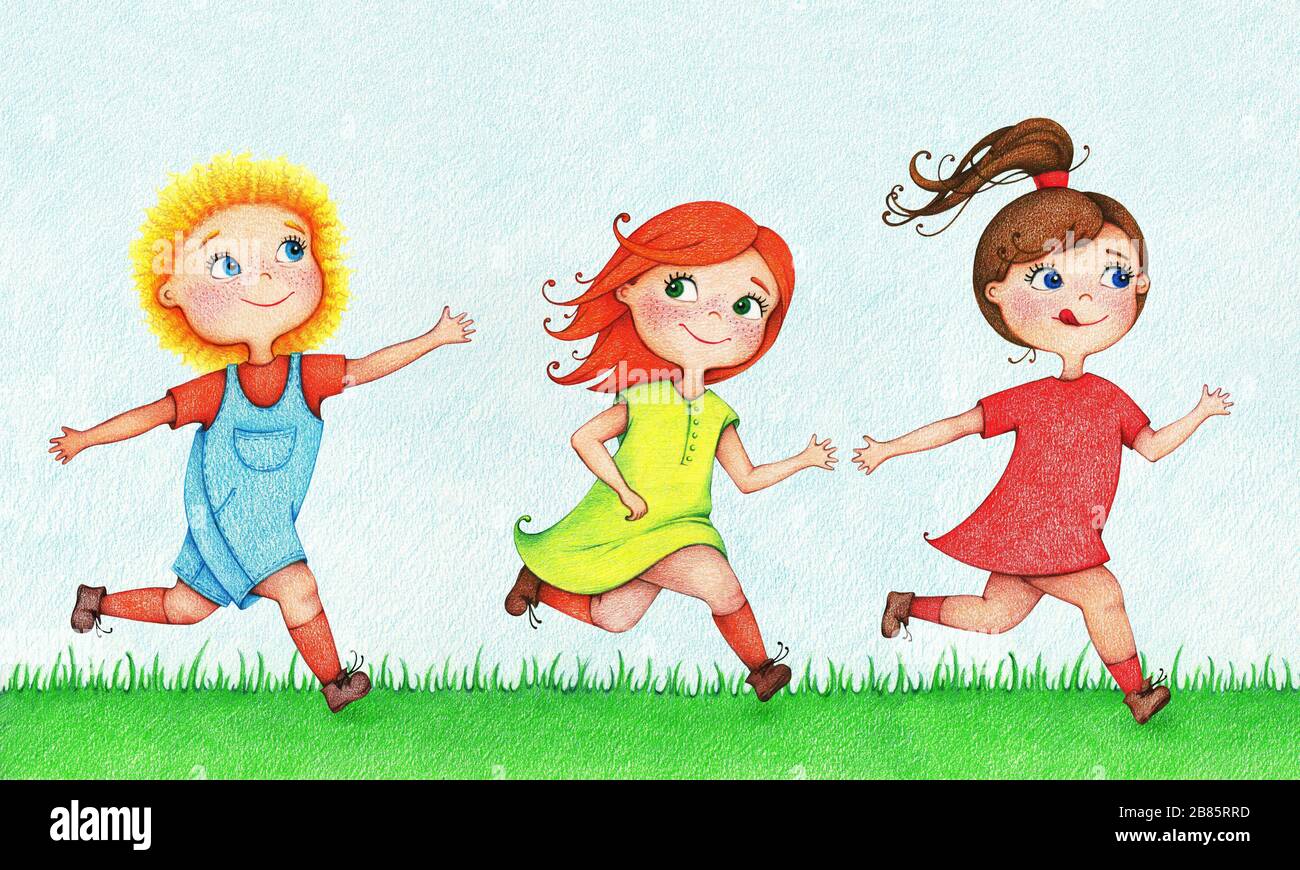 hand drawn illustration of three playing kids Stock Photo - Alamy