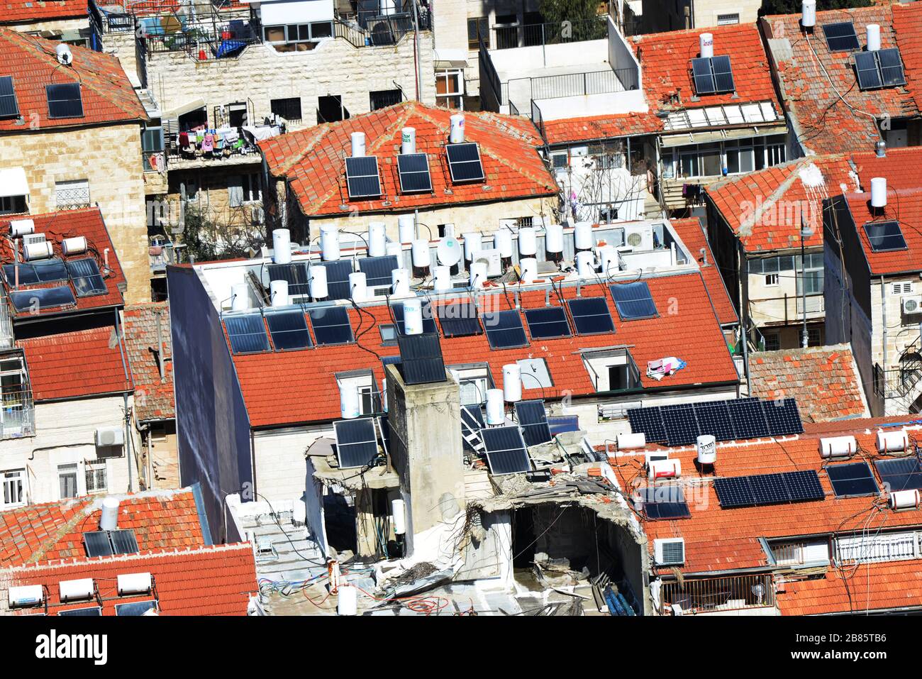 Aerial view of solar panels on roofs in Jerusalem, Israel Stock Photo ...