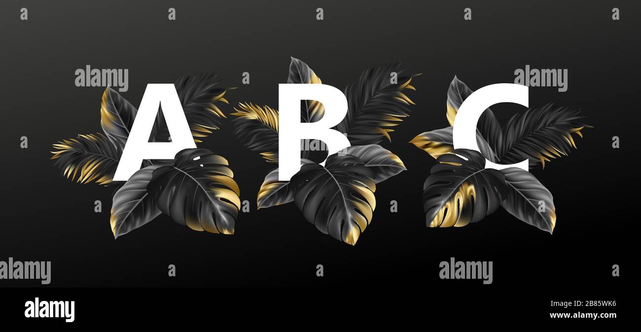 Alphabet letters in black with golden exotic tropical leaves of plants ...