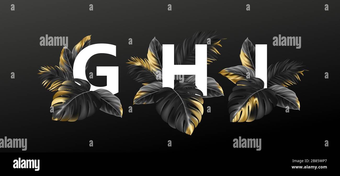 Alphabet letters in black with golden exotic tropical leaves of plants ...