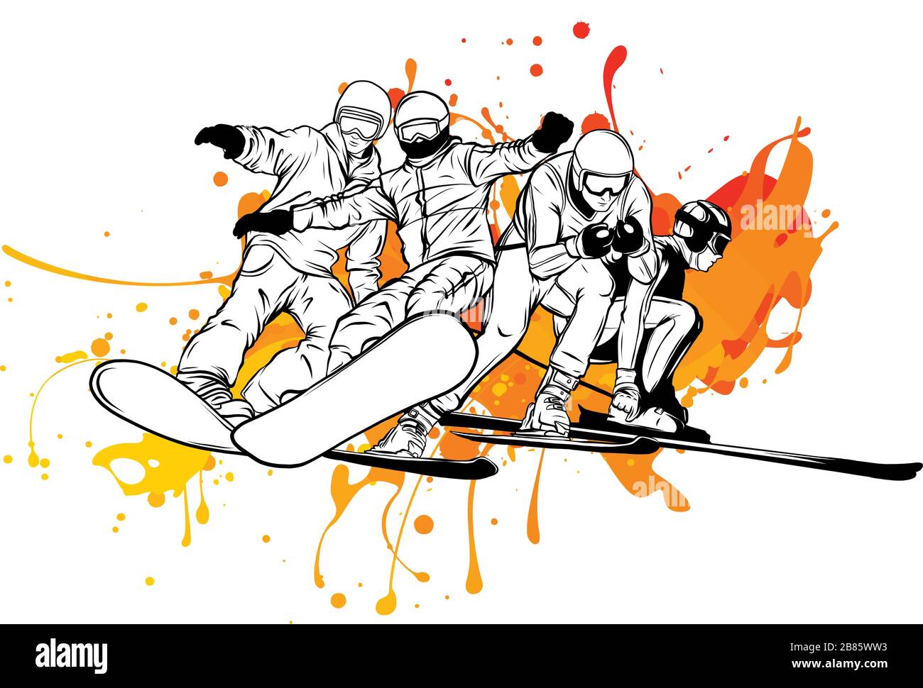Vector set of skiers. People skiing design elements isolated on white ...