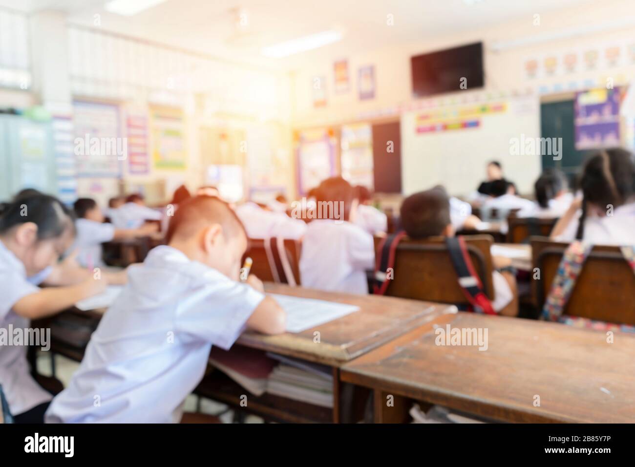 Education concept. The classroom blur, the classroom environment in ...